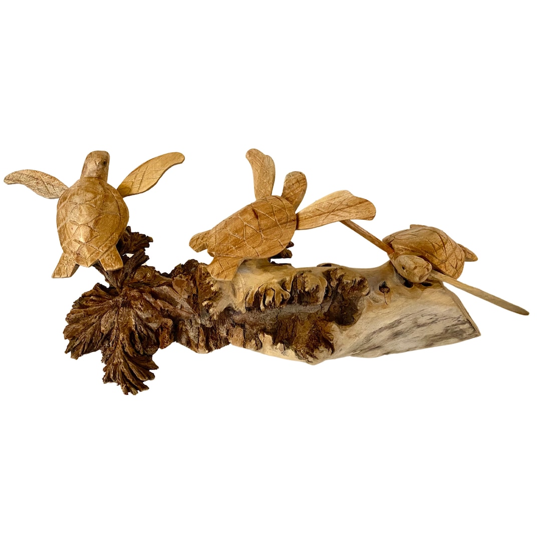 Triple Sea Turtle Statue Terrapin Hand Carved Parasite Wood Carving ...