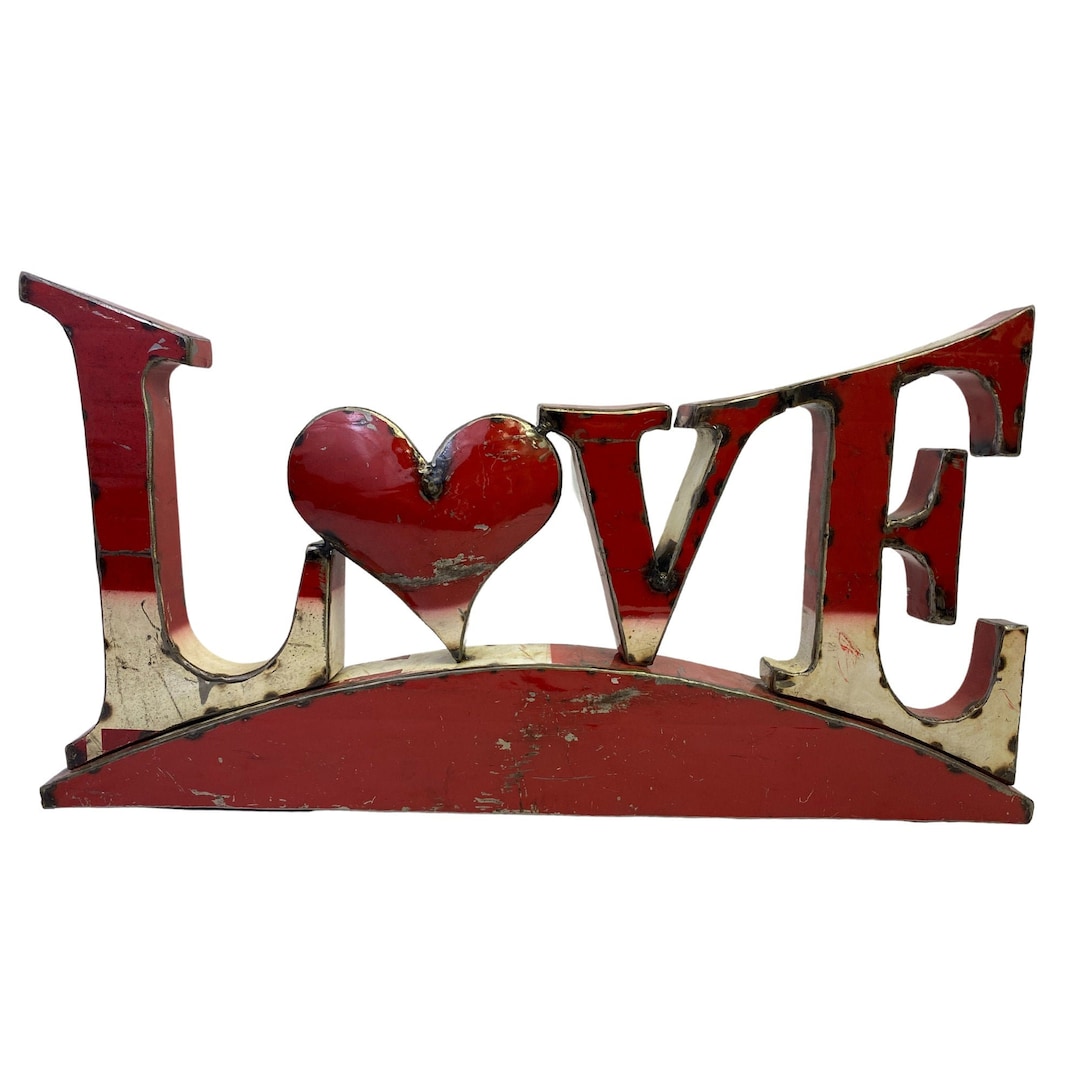 Recycled Metal LOVE Sculpture: Red Heart, Boho Industrial Garden Decor ...