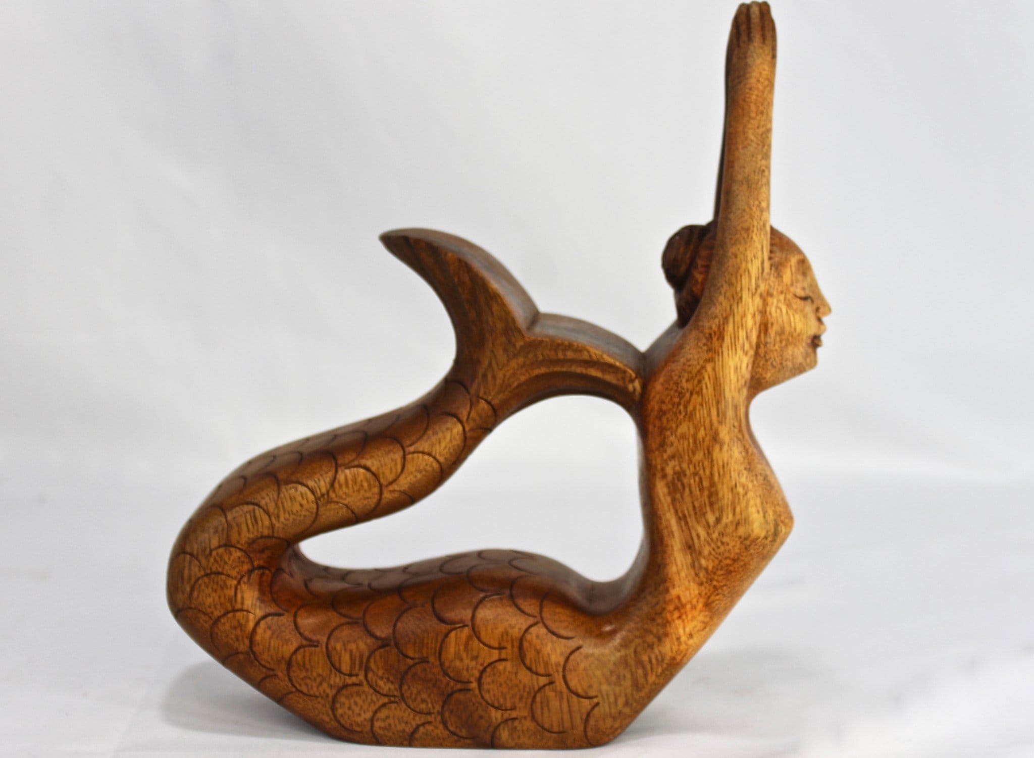 Hand Carved Wood Mermaid Sculpture, Yoga Pose Statue - Balinese Wood ...