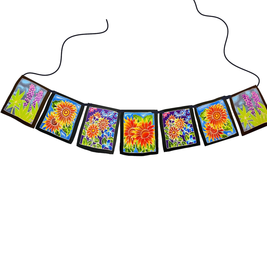 Handmade Bali Batik Sunflowers Lupine Prayer Flags, Wildflower Garden ...