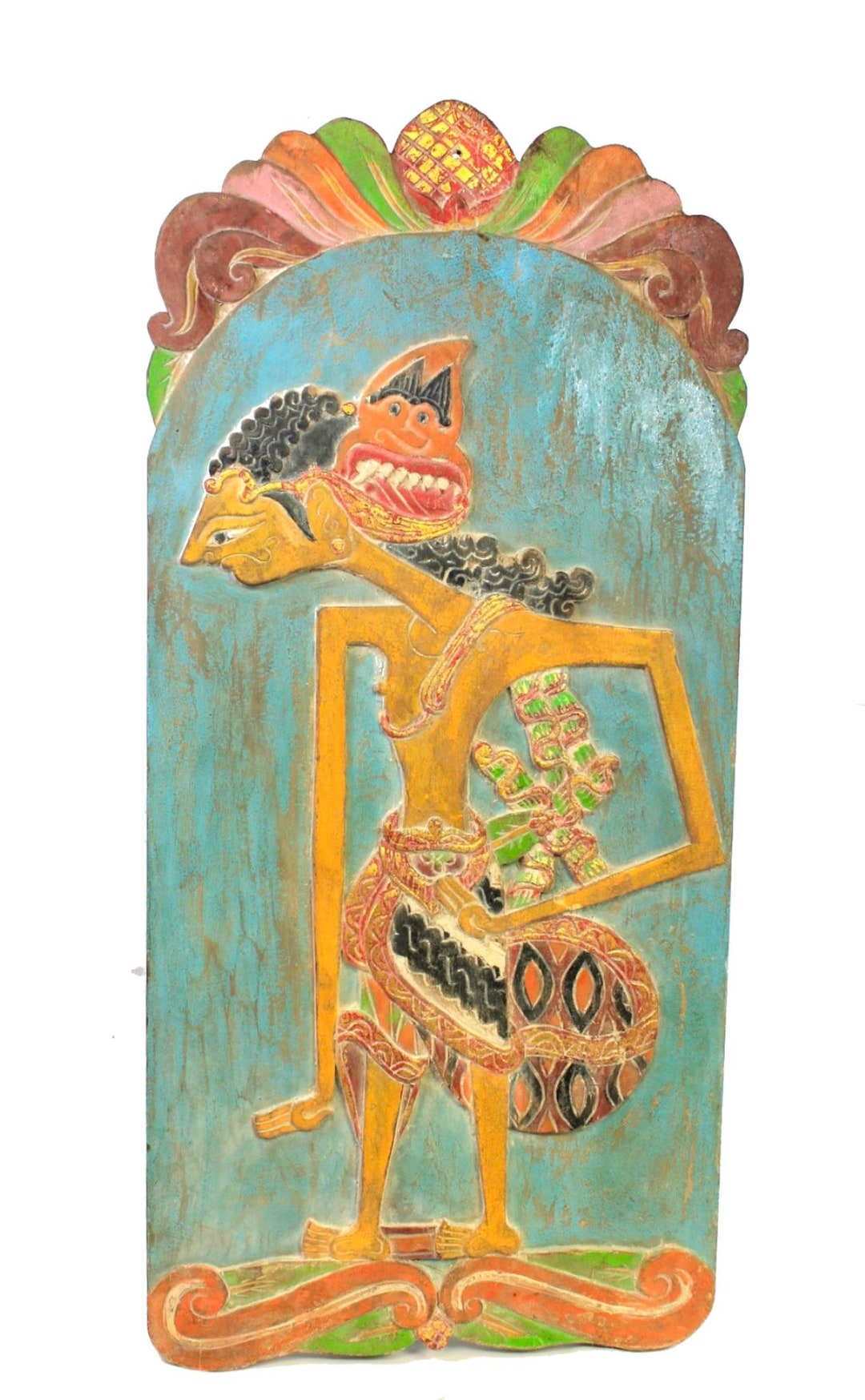Vintage Javanese Wayang Panel Shadow Puppet Carved Polychrome Wood Wall ...