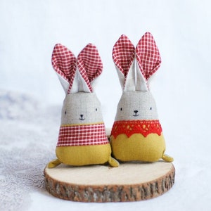 Small Stuffed Bunny Rabbit Set, Mustard Red Linen Heirloom Decoration ...