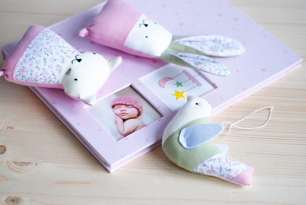 Fabric Baby Toys Set Rabbit Cat Bird Stuffed Pink Blush Green - Etsy
