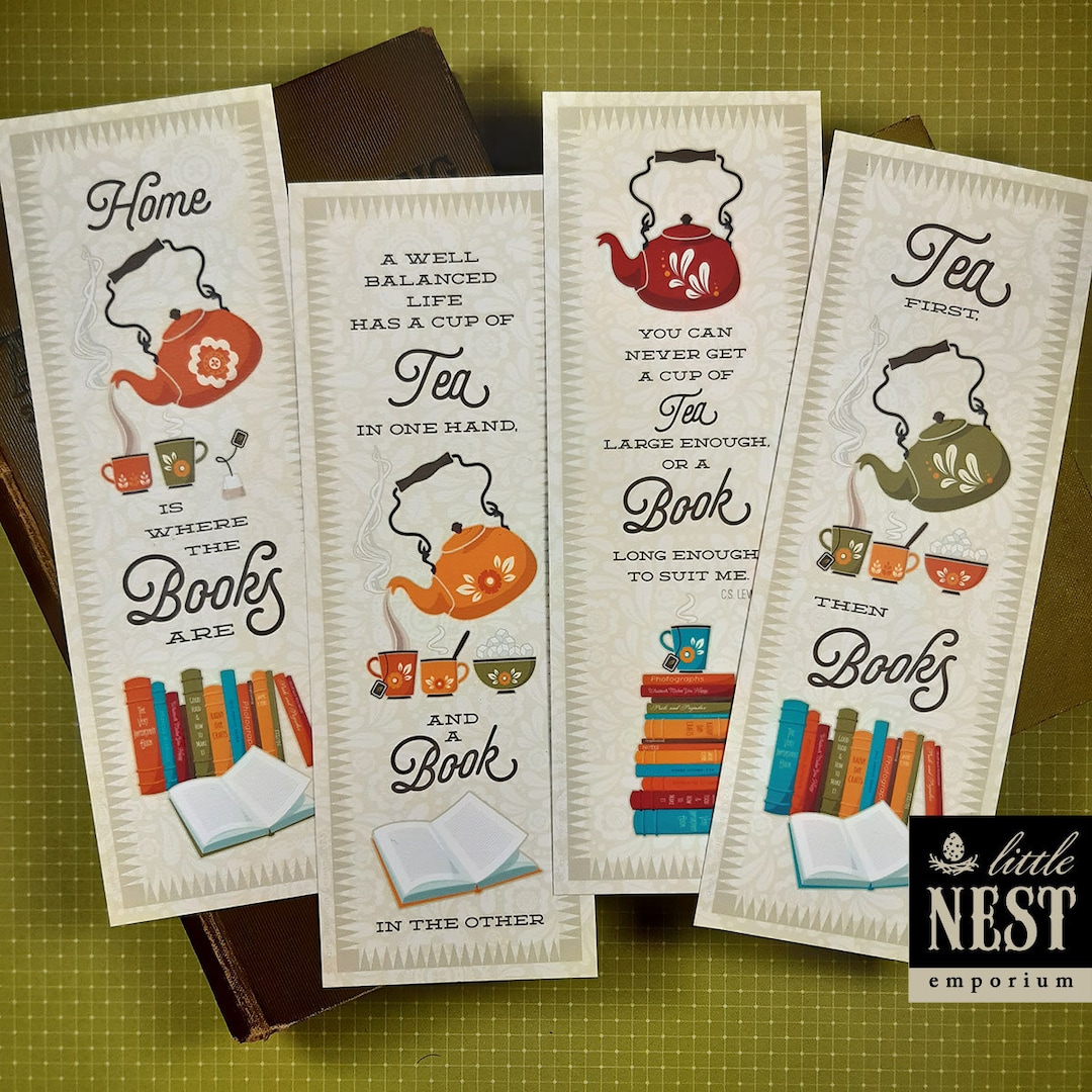 Tea and Books Themed Bookmarks, Book Lovers Gift, Readers Gift, Retro ...