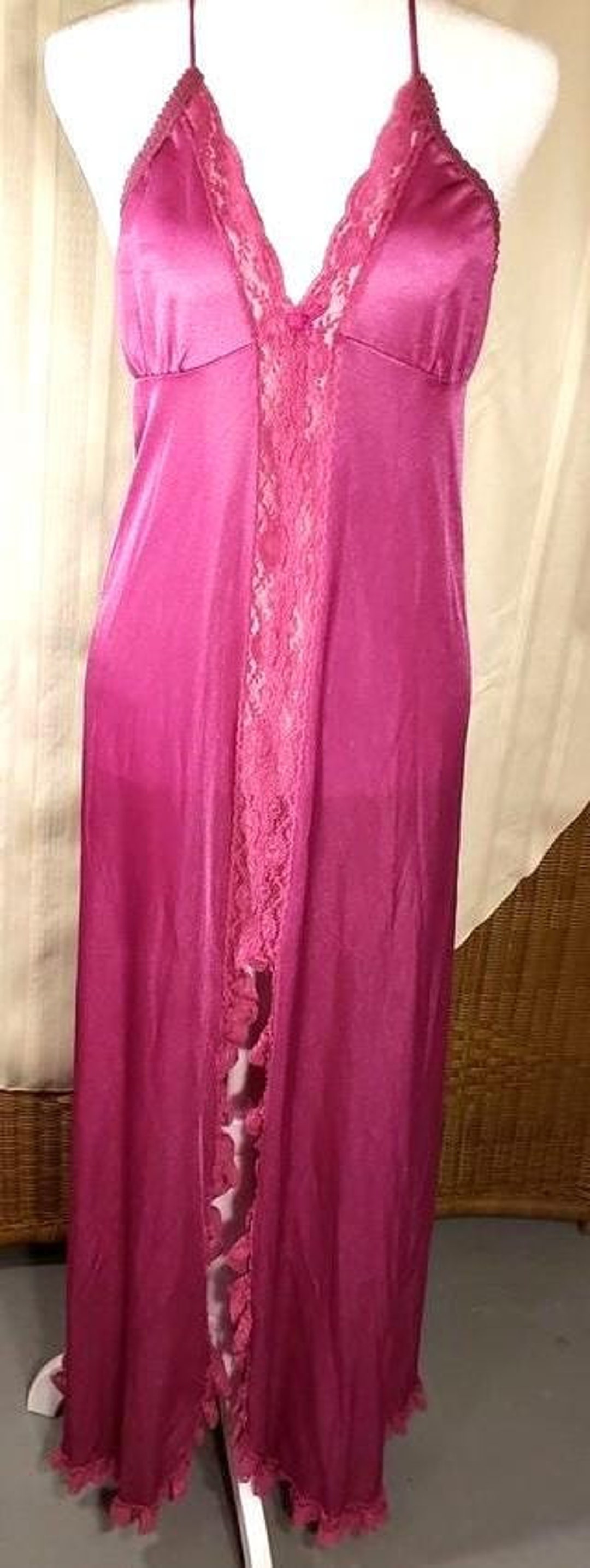 Vintage Maxi Nightgown Plunge Top Split Leg Lingerie Magenta Color ...