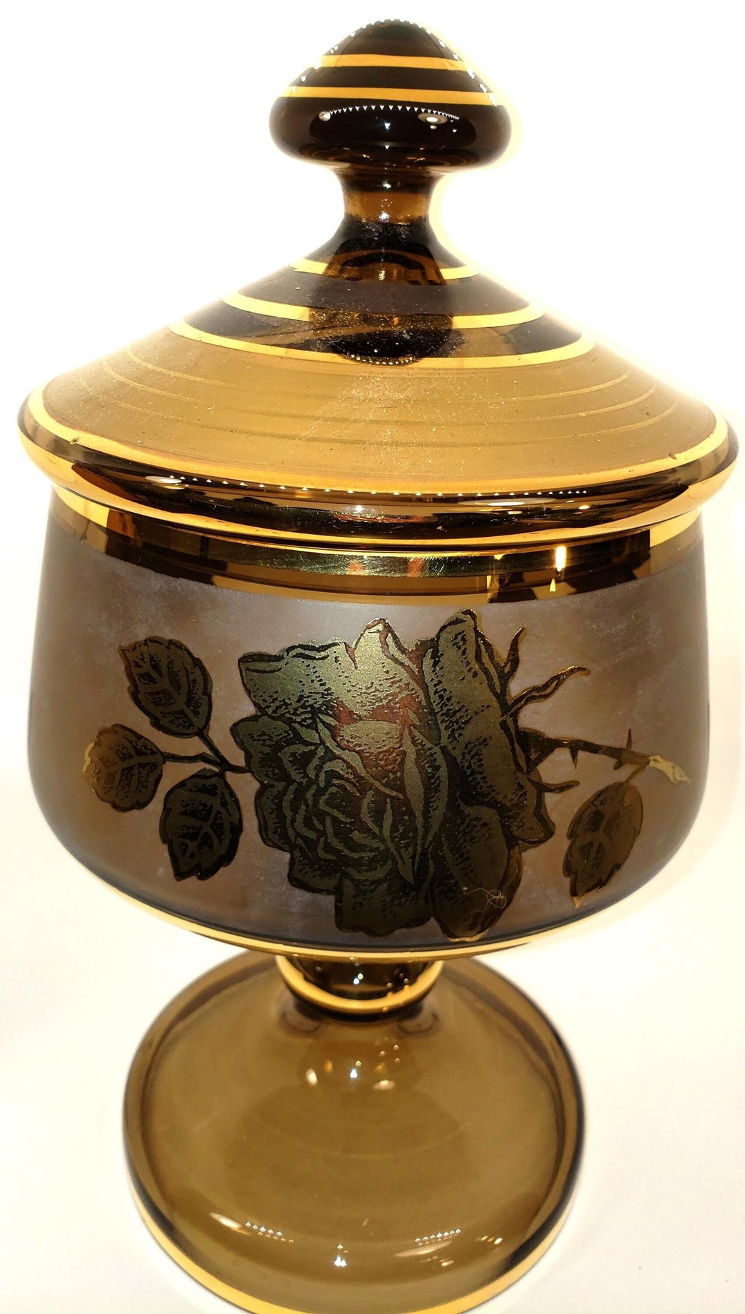 Vintage Bohemia Czech Heavy Gold Gilded Rose & Smokey Crystal 11 ...