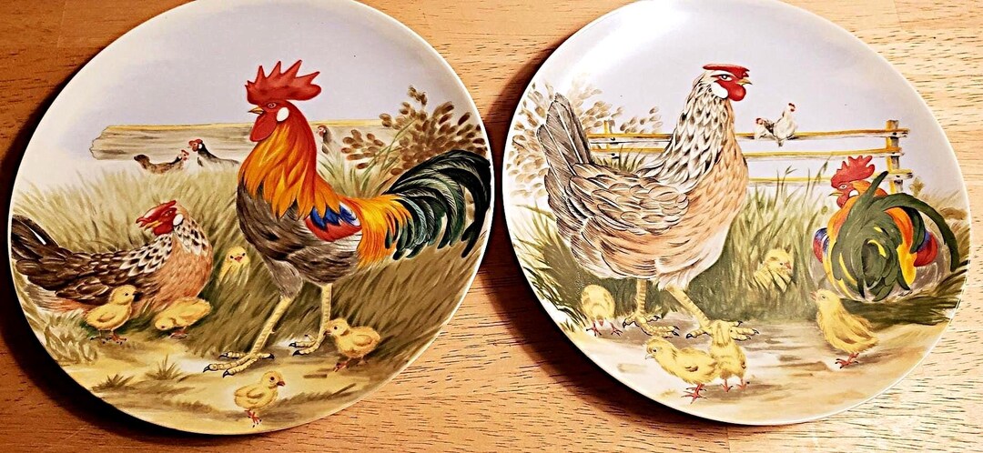 Vintage Rooster & Hen Porcelain Plate Set: Colorful Farmhouse Decor - Etsy