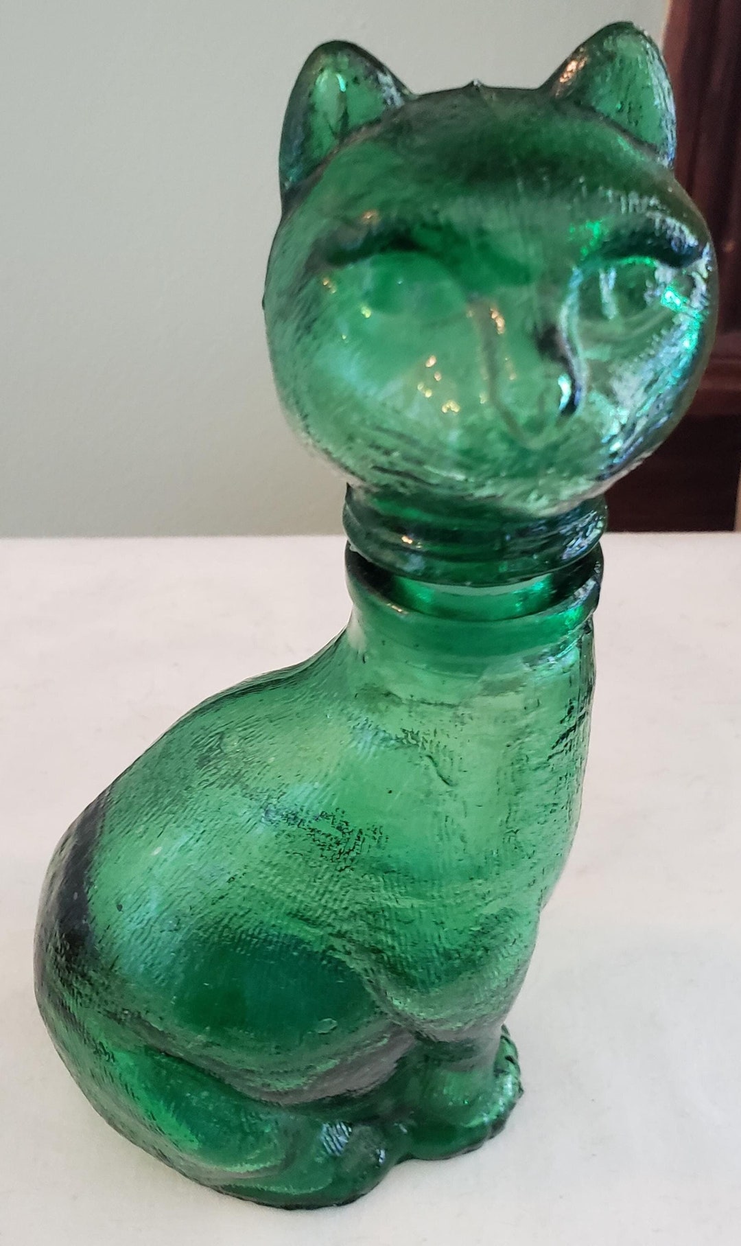 Vintage Glass Cat Decanter Bottle 7.5 Sitting Kitten Cat Green Glass ...