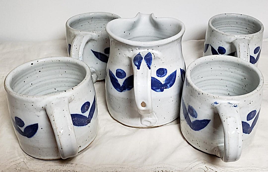 Blue Stoneware Mug Set W Pitcher Speckle Blue Gray Pottery Hand Thrown ...