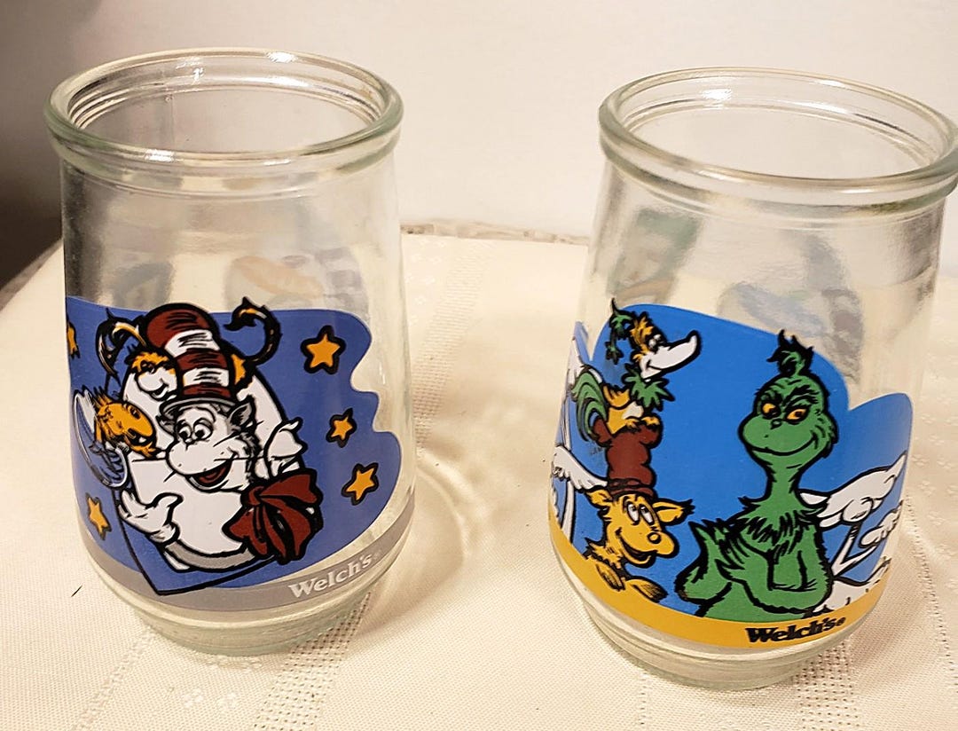 Dr. Suess Welch's Jelly Jar Glasses, 2 Drinkware Kid's Glasses, Vintage ...