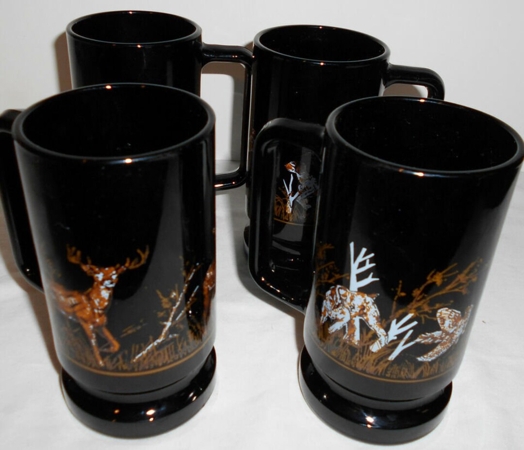 Vintage Indiana Glass Tiara Hunt Scene Beer Mugs Set Hunt Scene Deer ...