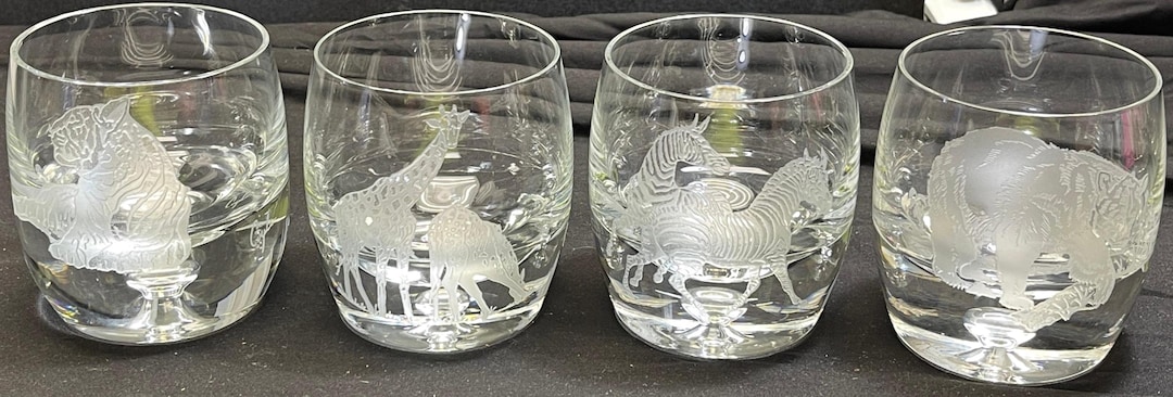 Vintage Coyle Engraved Rocks Glasses Big Game Wildlife X4 Double Barrel ...
