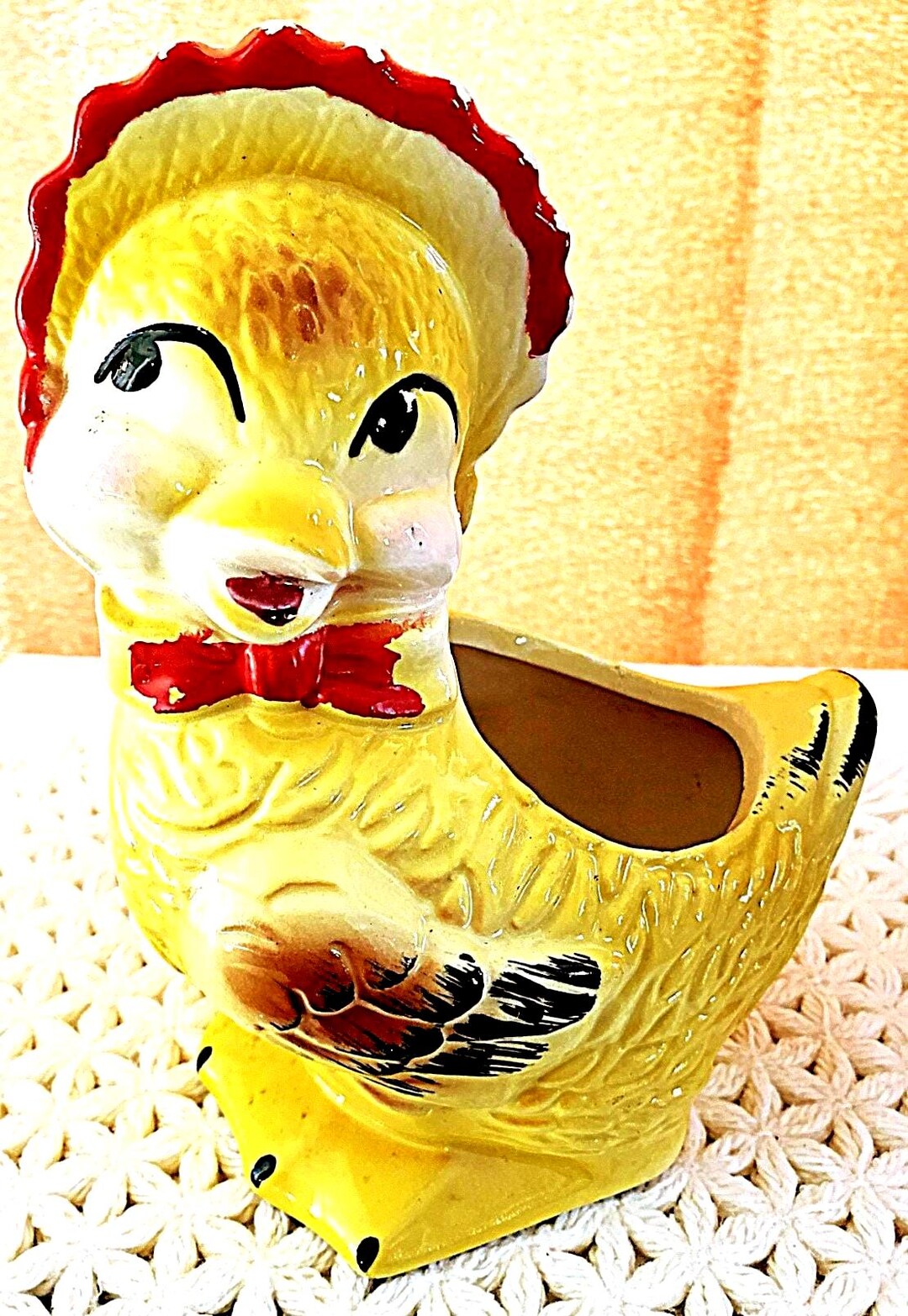 Vintage Yellow Duck Planter, Red Bonnet, MCM Happy Duck ,bulb Pottery ...