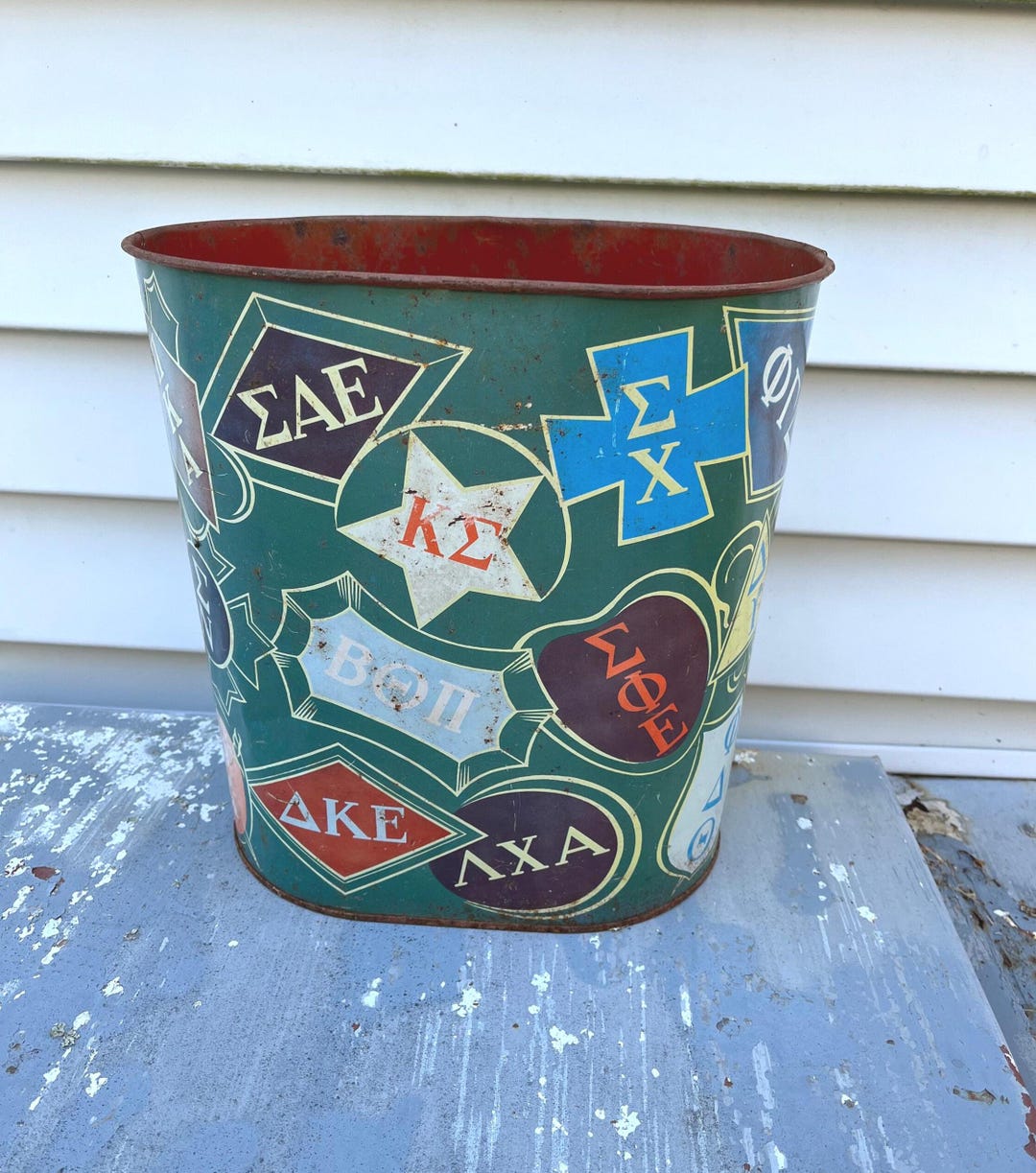 College Fraternity Trash Can Vintage Metal Trash Bin, College Dorm ...