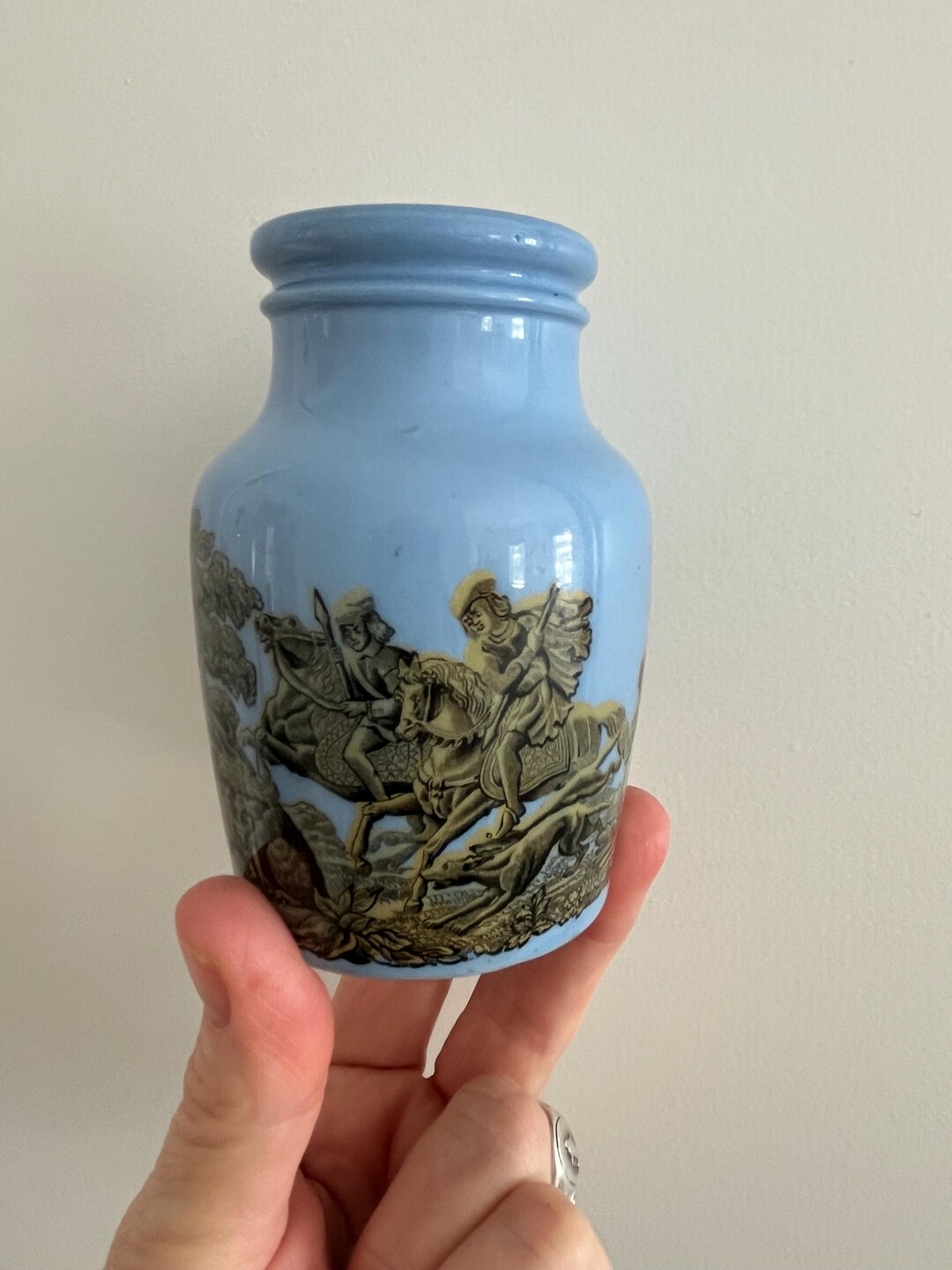 Antique Prattware Hunting Scene Jars, CIRCA 1860, 4" Tall Blue Vase ...