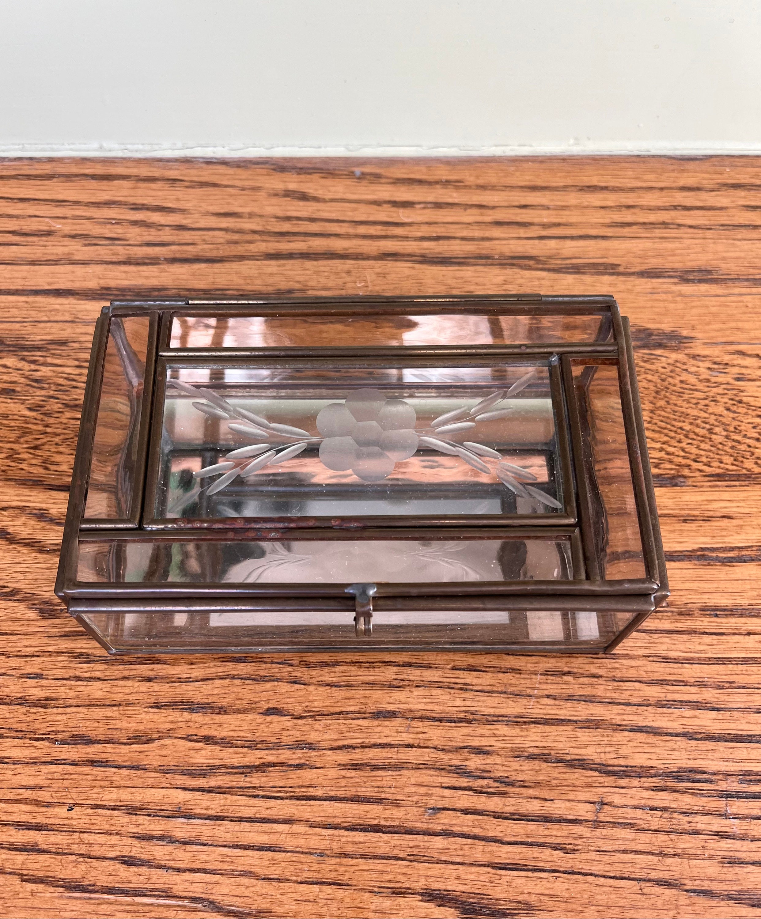 Glass Brass Box Vintage Etched Jewelry Box Trinkets - Etsy