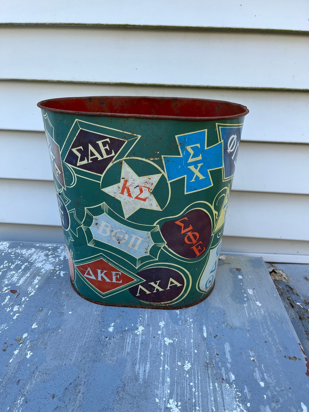 College Fraternity Trash Can Vintage Metal Trash Bin, College Dorm ...