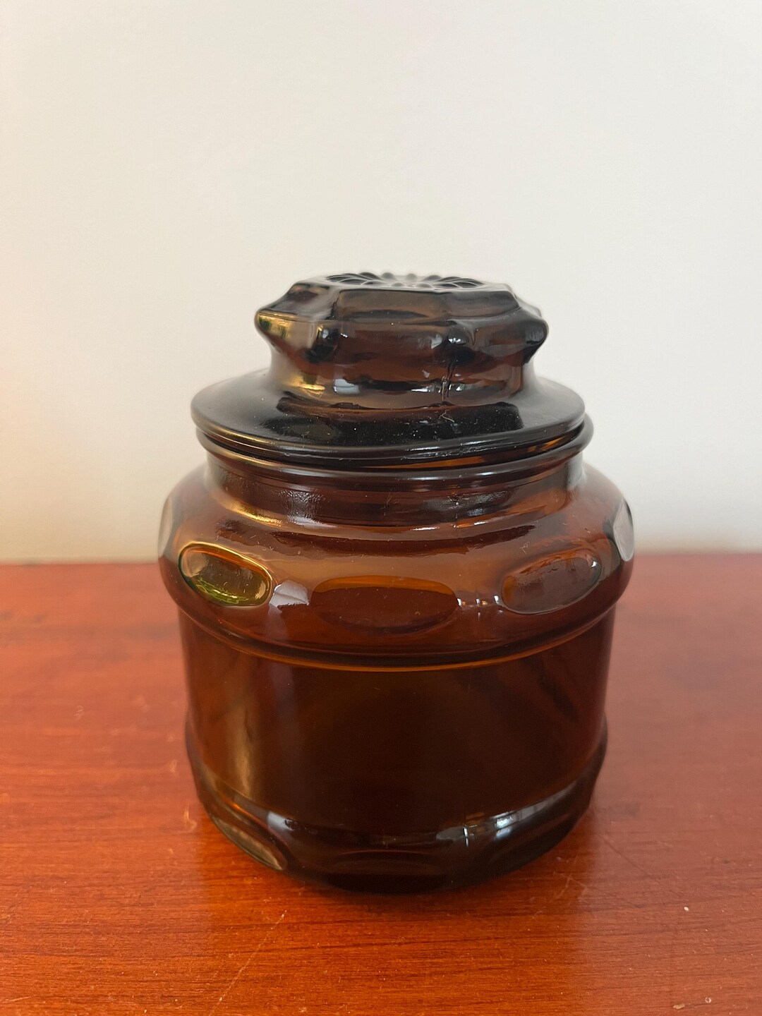 Cremora Dark Amber Glass Jar Lid Vtg 1970s Brown Apothecary Starburst ...
