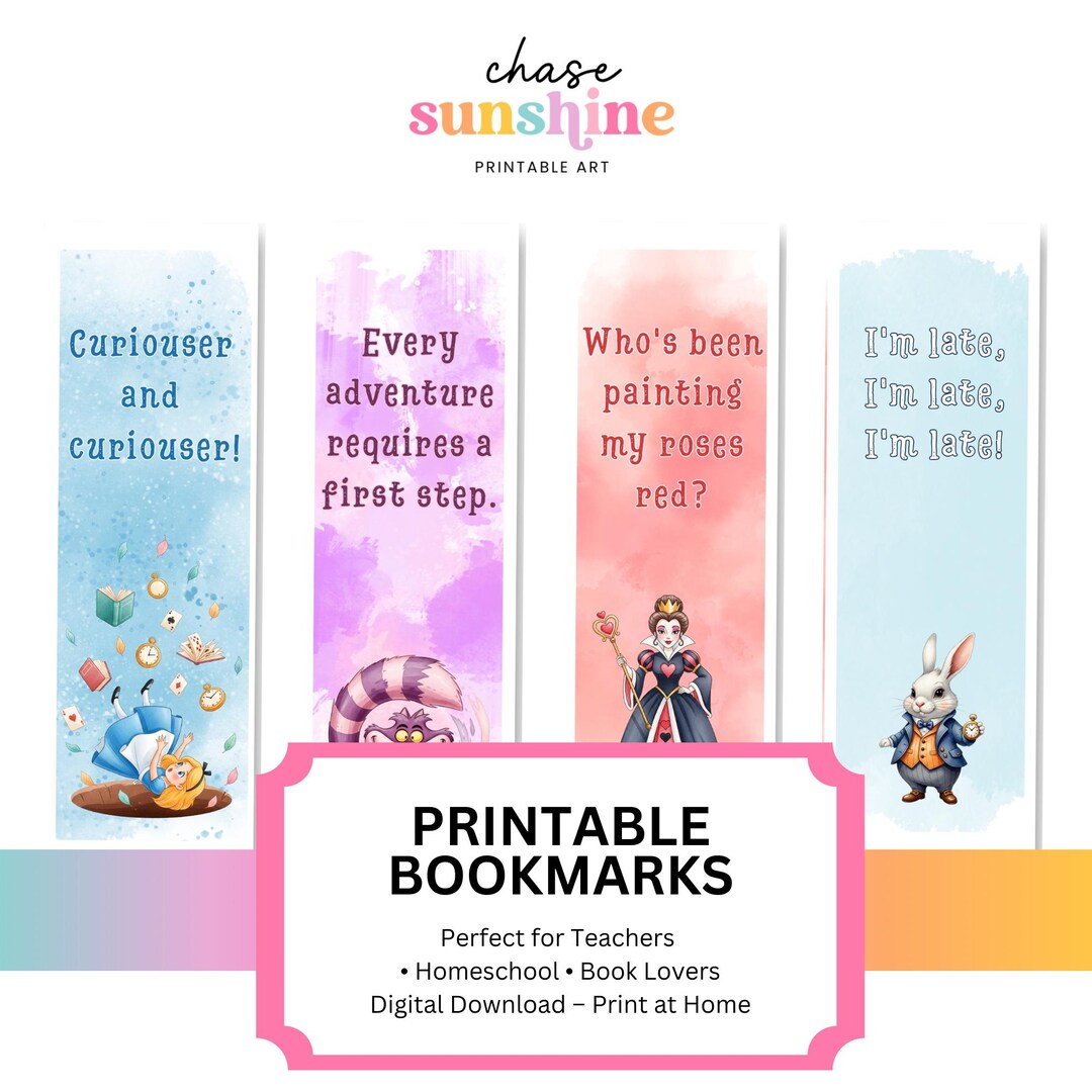 Printable Wonderland Bookmark Set of 4 Library Gift for Book Lover ...