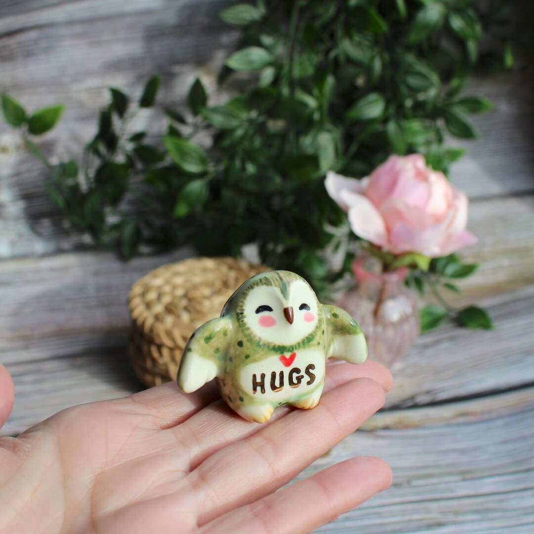 Forest Green HUGS Owl With Red Heart and Gold Lustre Accents. Handmade Ceramic Art. Heirloom ...