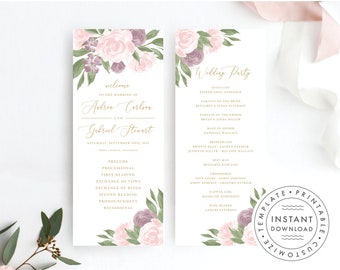 Burgundy Wedding Program Card Template, Program for Wedding, Printable ...