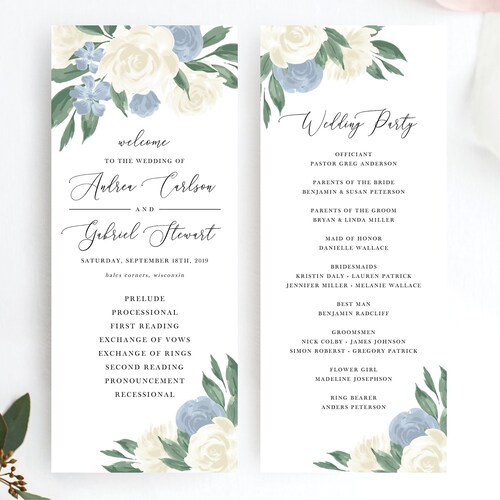 Wedding Program Template With Dusty Blue and White Floral - Etsy