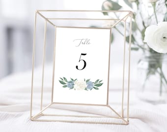Table Numbers Template With Greenery and Dusty Blue Floral | Etsy