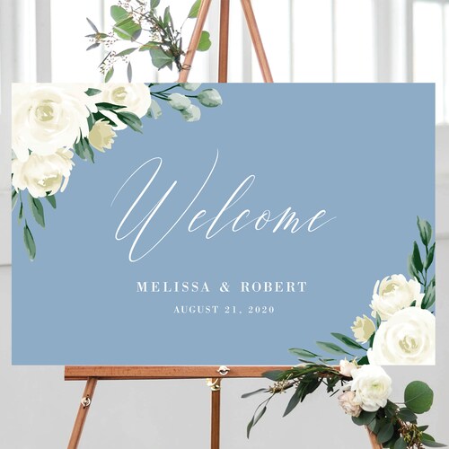Navy Blue and Blush Pink Floral Welcome Sign Template Floral - Etsy
