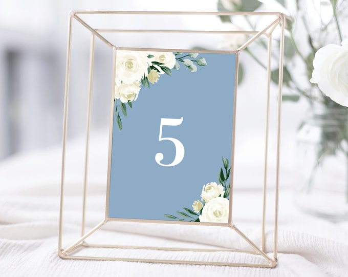 Table Numbers Template, Dusty Blue Greenery White Floral Design, Fully ...