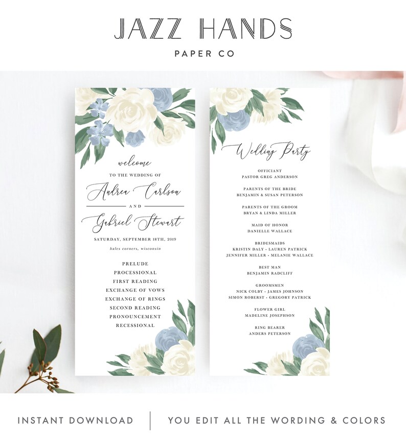 Wedding Program Template With Dusty Blue and White Floral - Etsy
