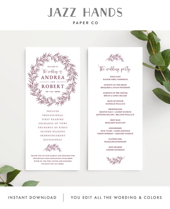 Wedding Program Template, Wedding Ceremony Order of Service, Elegant ...