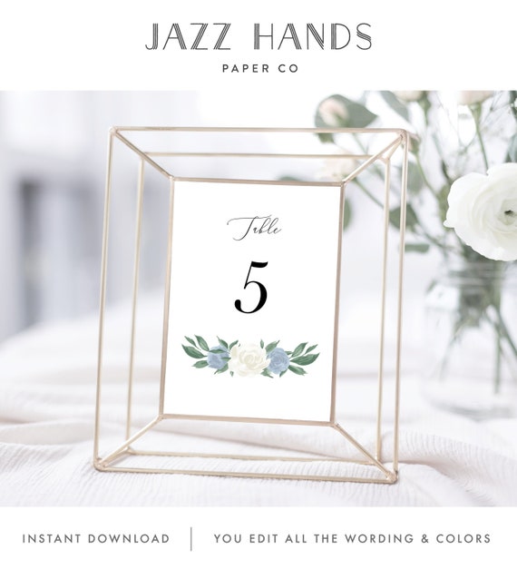 Table Numbers Template with Dusty Blue and White Floral Design, Fully ...