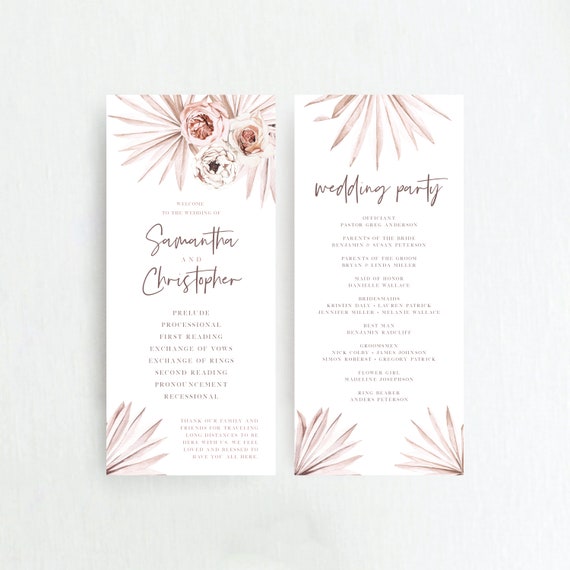 Wedding Program Template, Printable Ceremony Programs, Boho Pink Floral ...