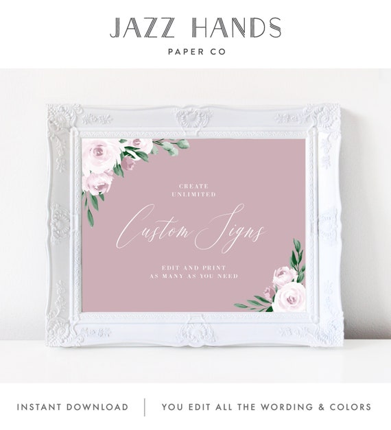 Wedding Sign Template, Dusty Rose Watercolor Floral, Fully Editable ...