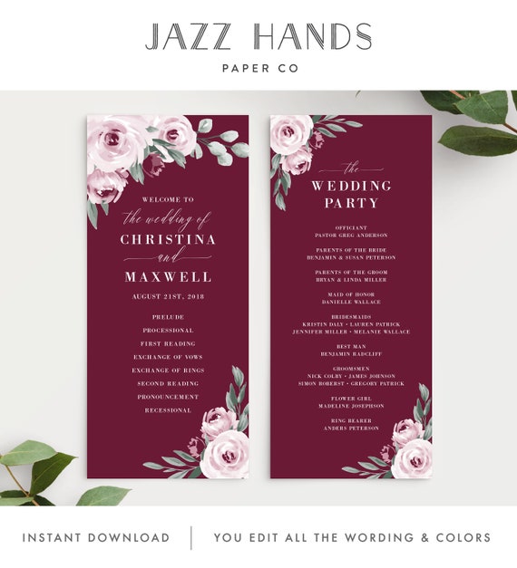 Burgundy Marsala Watercolor Floral Wedding Program Template, 139V3 by ...