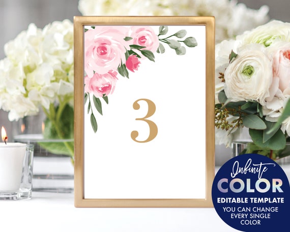 Table Number Template, Colors and Text Fully Editable, Blush Floral and ...