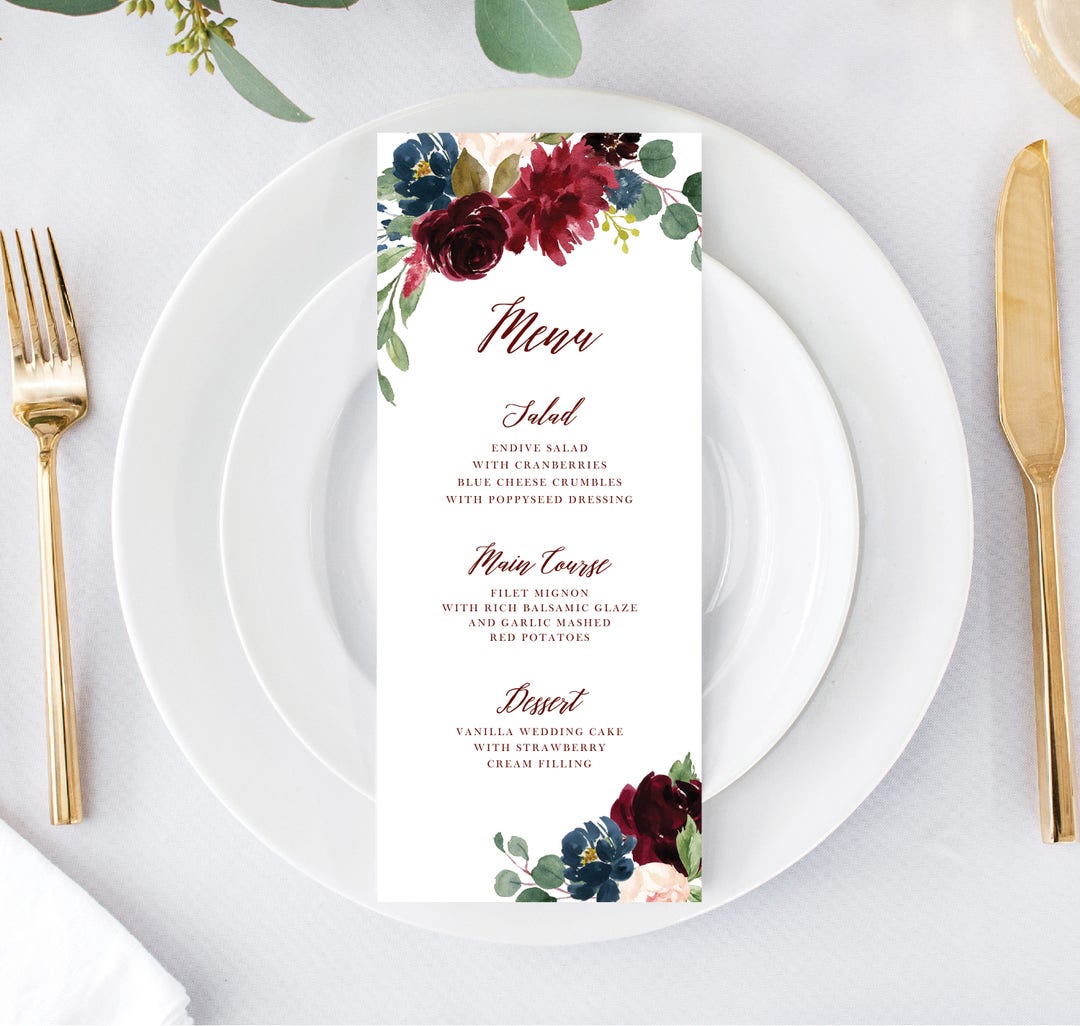 Wedding Menu Wedding Menu Card Printable Dinner Menu Card - Etsy