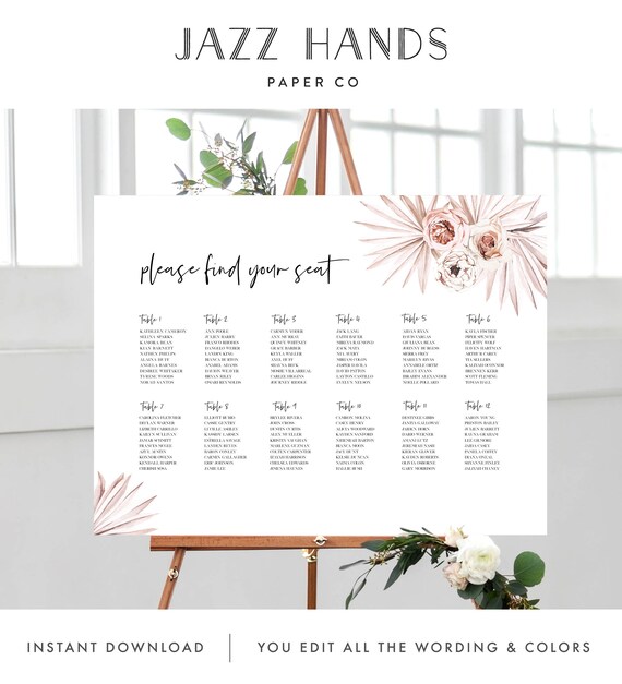 Boho Floral Palm Leaf Seating Chart Template Sign 150 by Jazz Hands ...