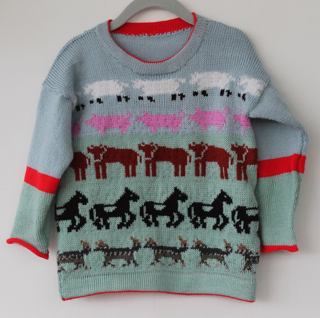 Farm Animal Knitted Jumper for a 3-4 Year Old. Cows, Pigs, Horses, Gift ...