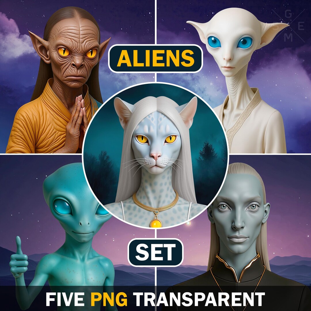 Alien PNG Set of 5, Transparent Bg Unique Sci-fi Clipart, Realistic ...