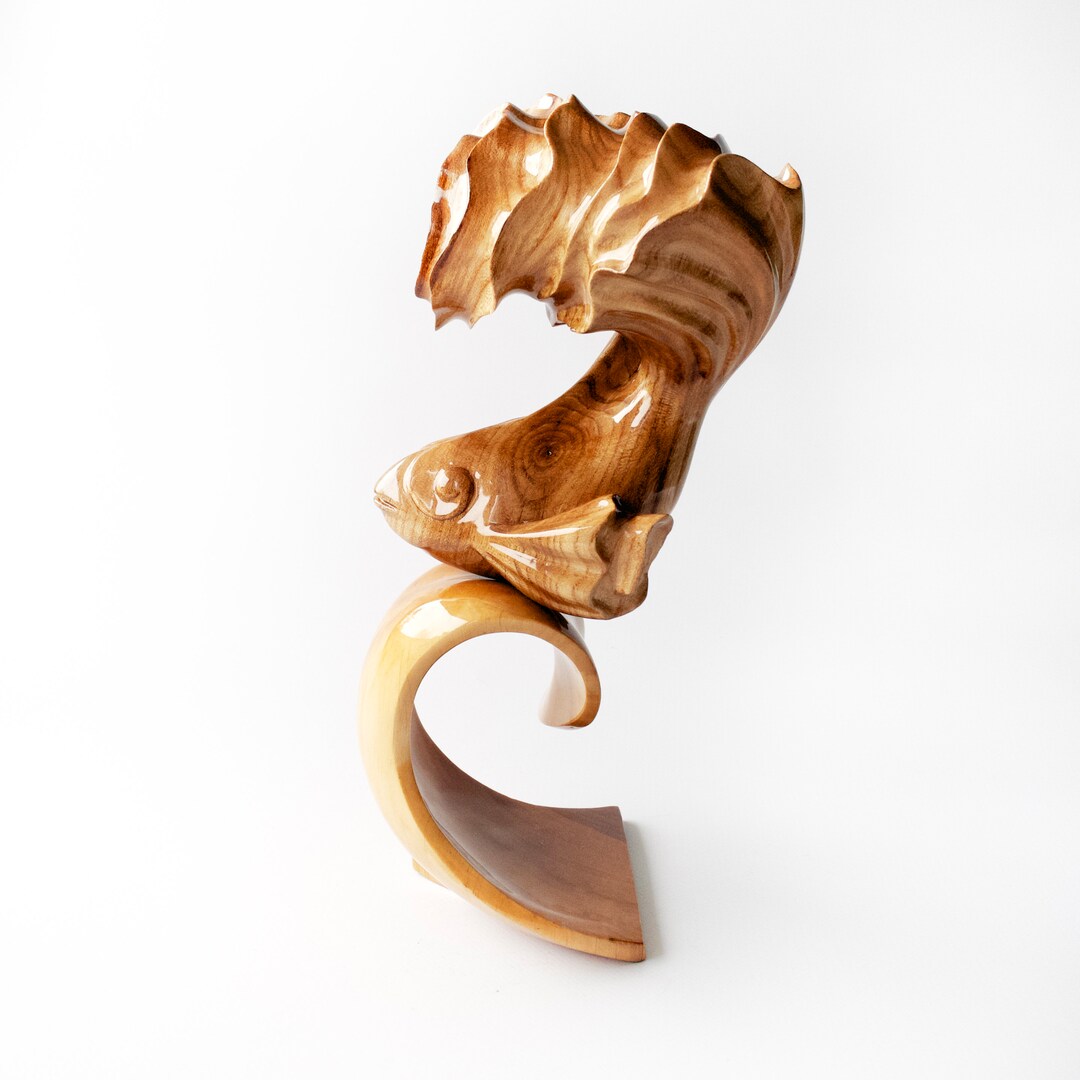 Wood Carving Golden Fish Statue, Hand Carved Fish Figurine ...