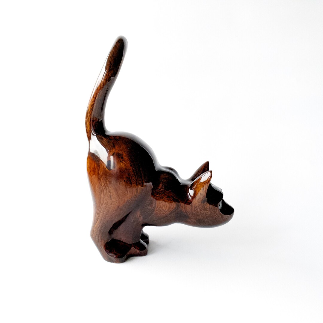 Wood Carving Brown Cat Statue, Handcarved Cat Figurine, Minimalistic ...