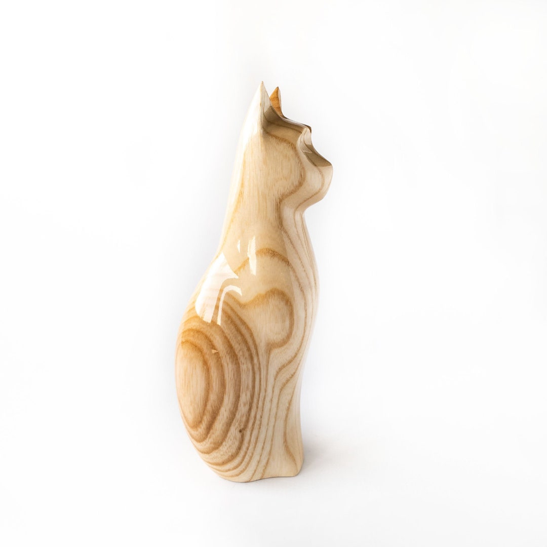 Wood Carving Cat Statue, Hand Carved Cat Figurine, Minimalistic Cat ...