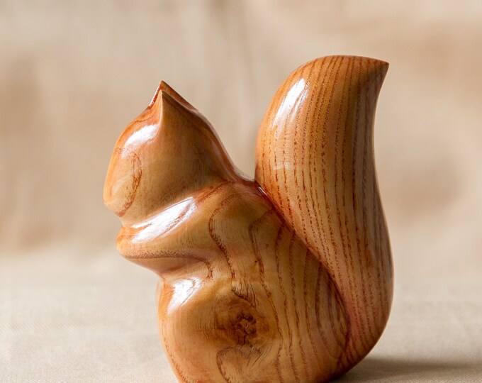 Wooden Squirrel Statue, Wooden Squirrel Figurine, Wood Carving, Hand ...