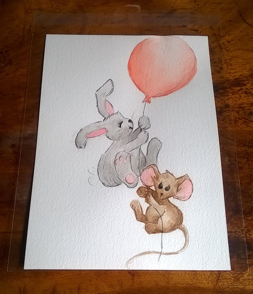 Bunny and Mouse Original Watercolour Painting, Nursery Room Art, Rabbit ...