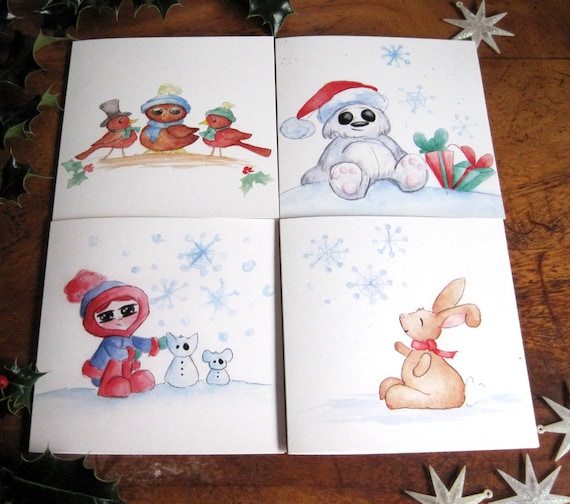 Pack of 4 Beautiful Christmas Cards Cute Cards Illustrated | Etsy