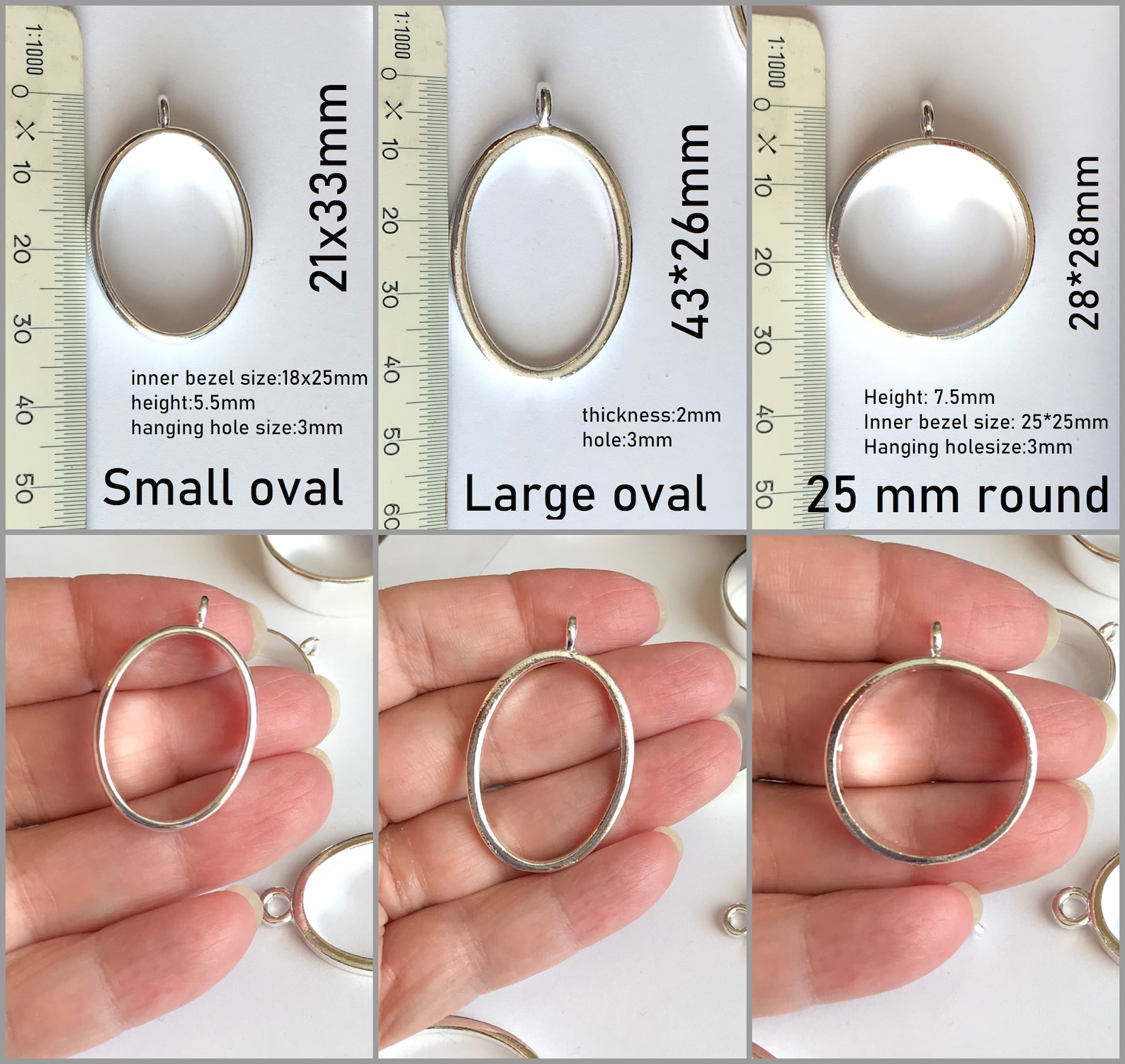 High polished Silver plated Open back bezel pendant round two | Etsy