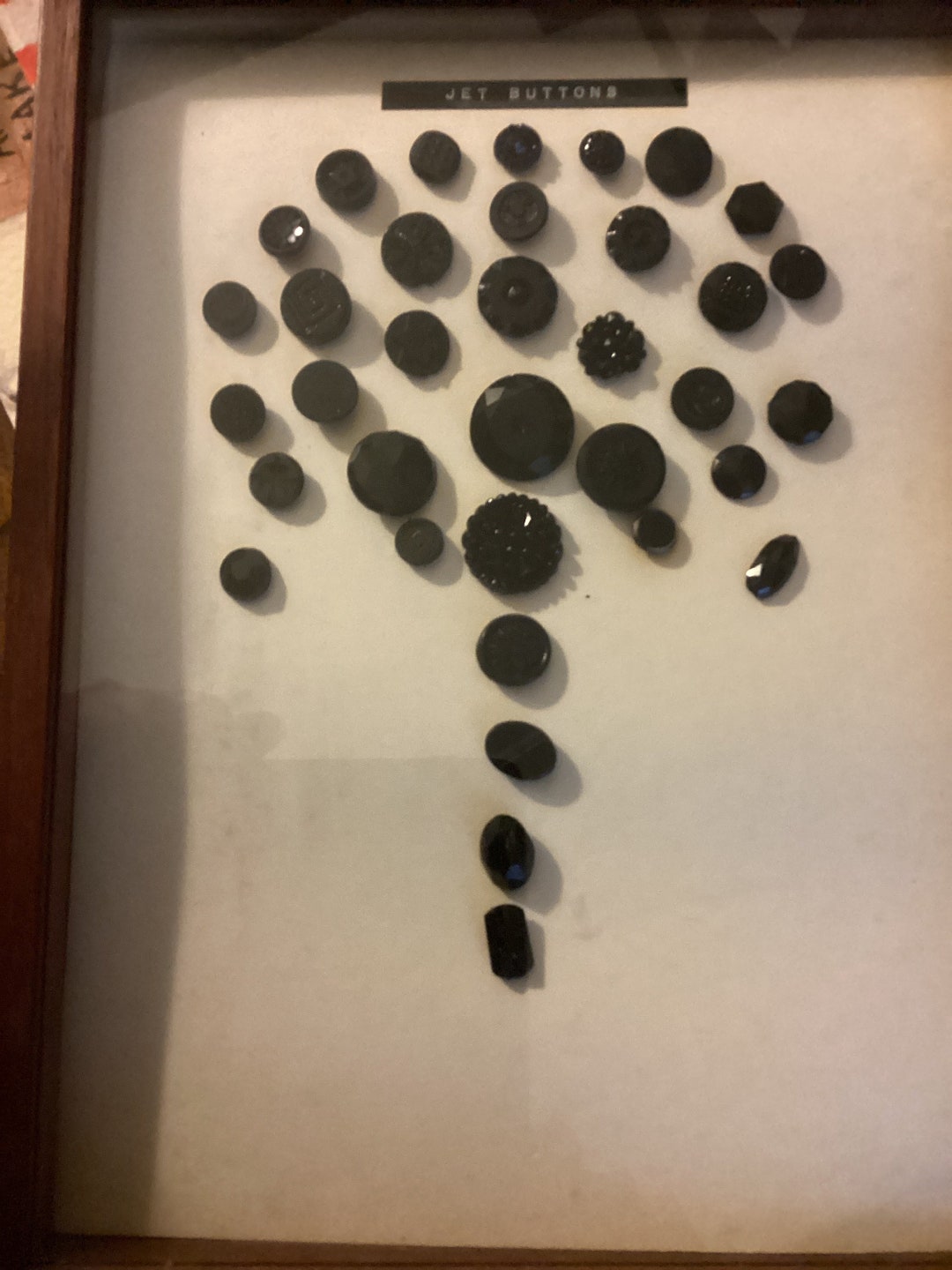 Collection of 35 Jet Victorian Mourning Buttons in Wood Framed Glass ...