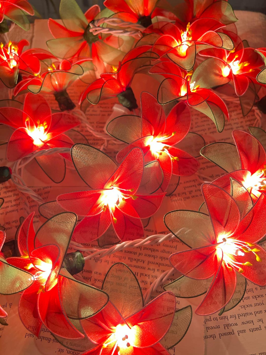 Handmade Christmas Flower String Lights: Red & Green Patio Decor (20 UL ...