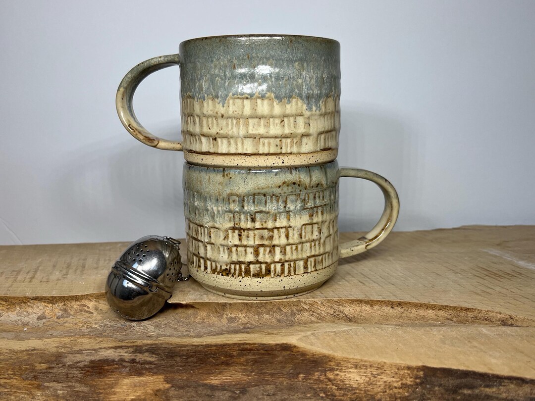 Pair of 12 Ounce Handmade ‘moss and Birchbark’ Stackable Textured Mugs ...